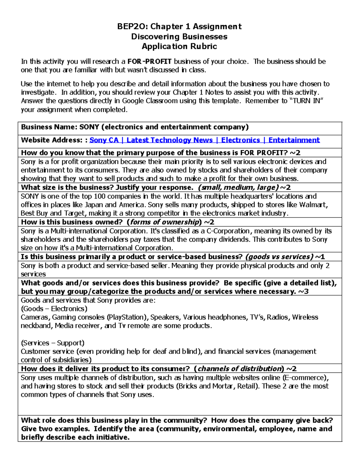 BEP2O: Chapter 1 Assignment - Exploring SONY's Business Model - Studocu