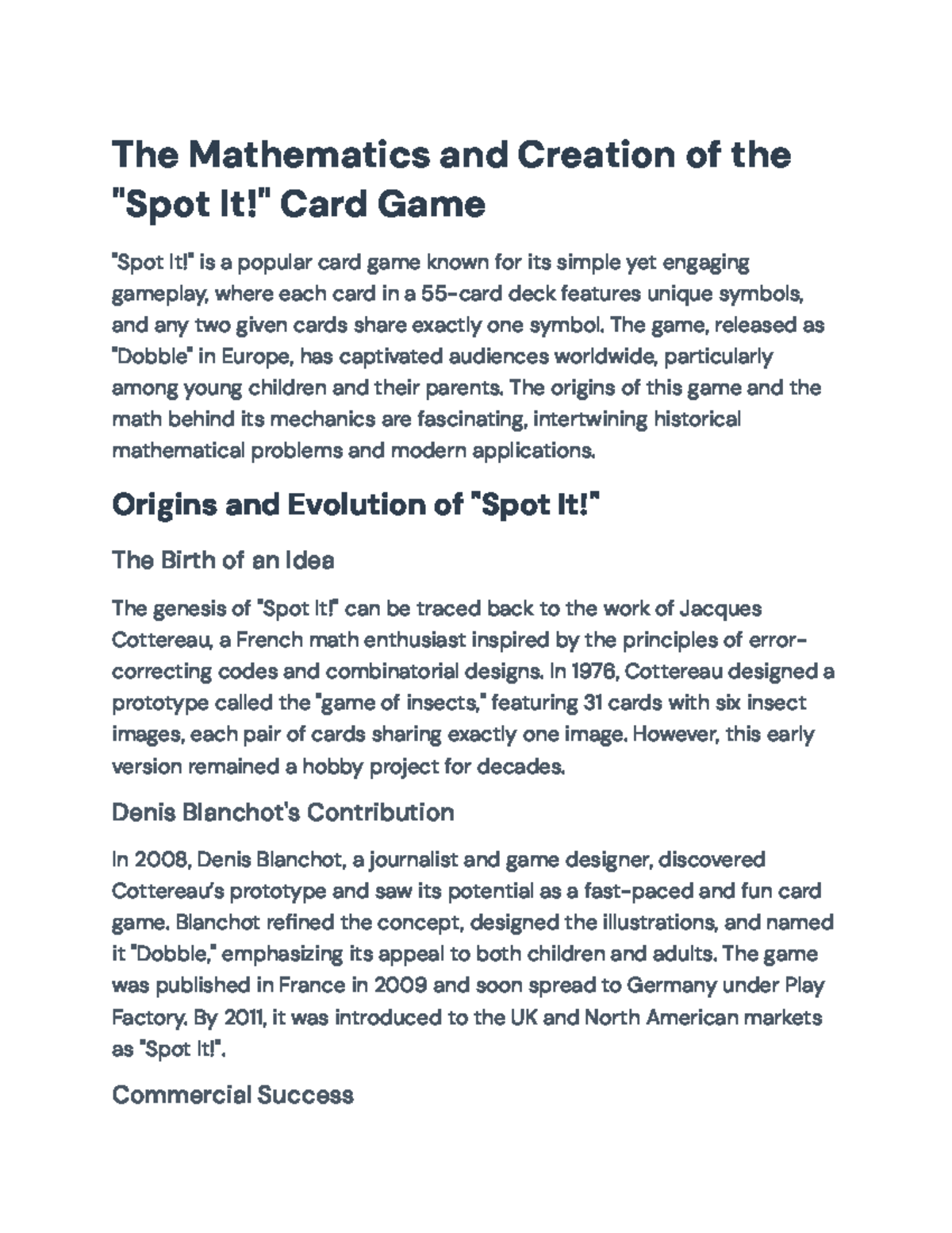 Mathematical Foundations and Evolution of "Spot It!" Card Game - The ...