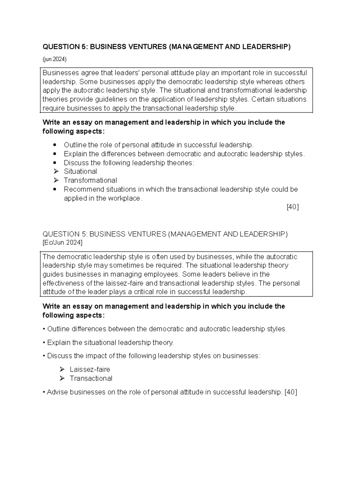 BUSINESS VENTURES (MANAGEMENT AND LEADERSHIP) ESSAY (JUN 2024) - Studocu