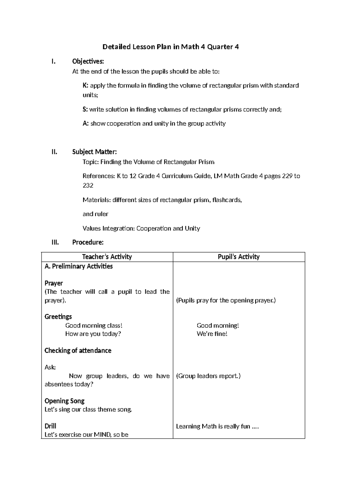 Math 4 Quarter 4: Detailed Lesson Plan on Volume of Rectangular Prisms ...