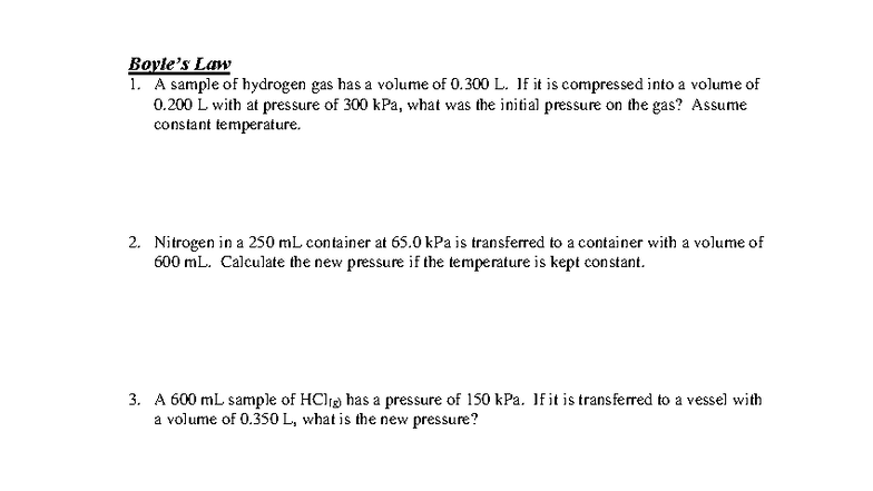 Chemistry 20 - Unit B Gas Laws Practice Problems - Studocu