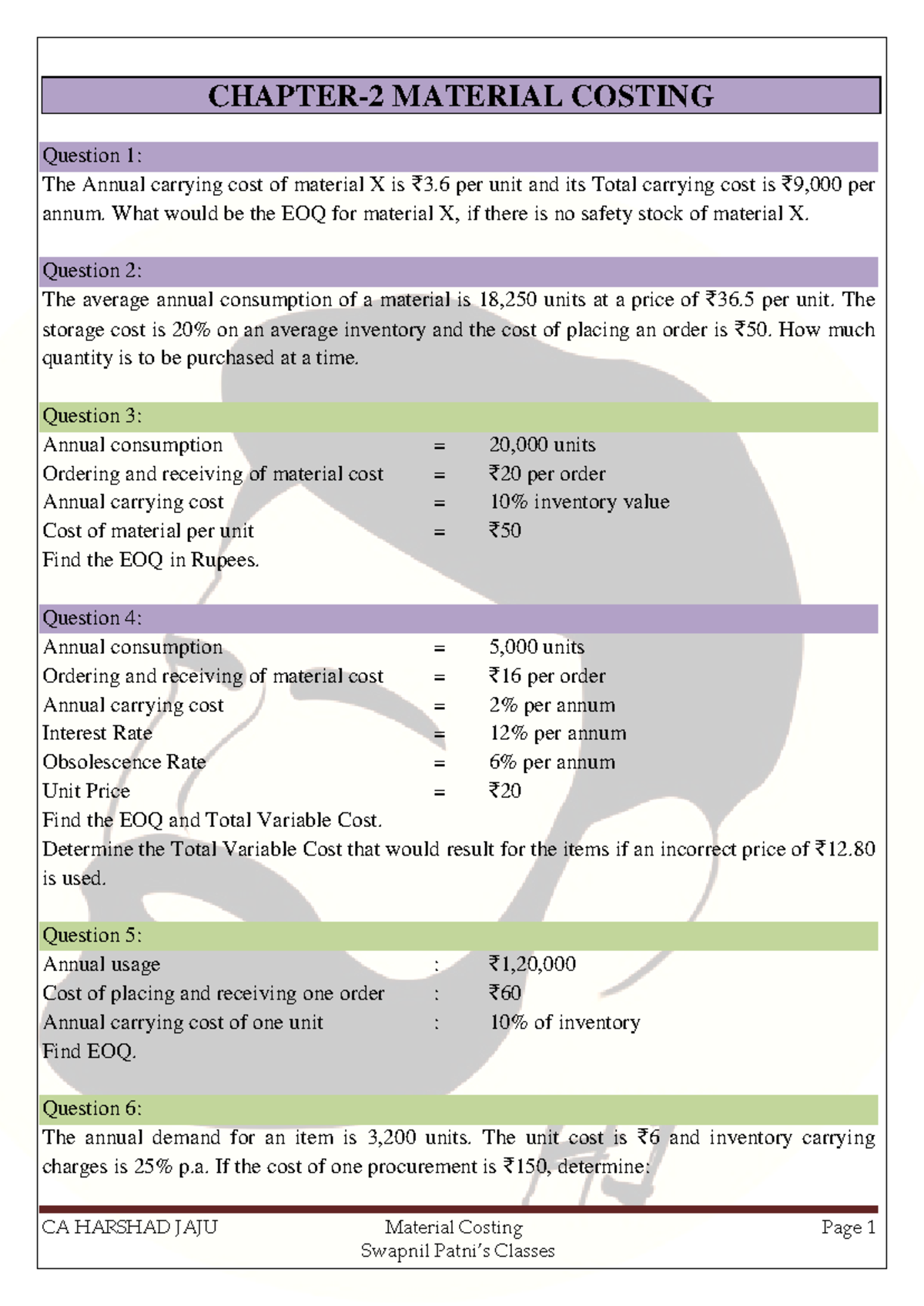 Chapter-2 Material Costing - CA HARSHAD JAJU Material Costing Page 1 CHAPTER-2 MATERIAL COSTING ...