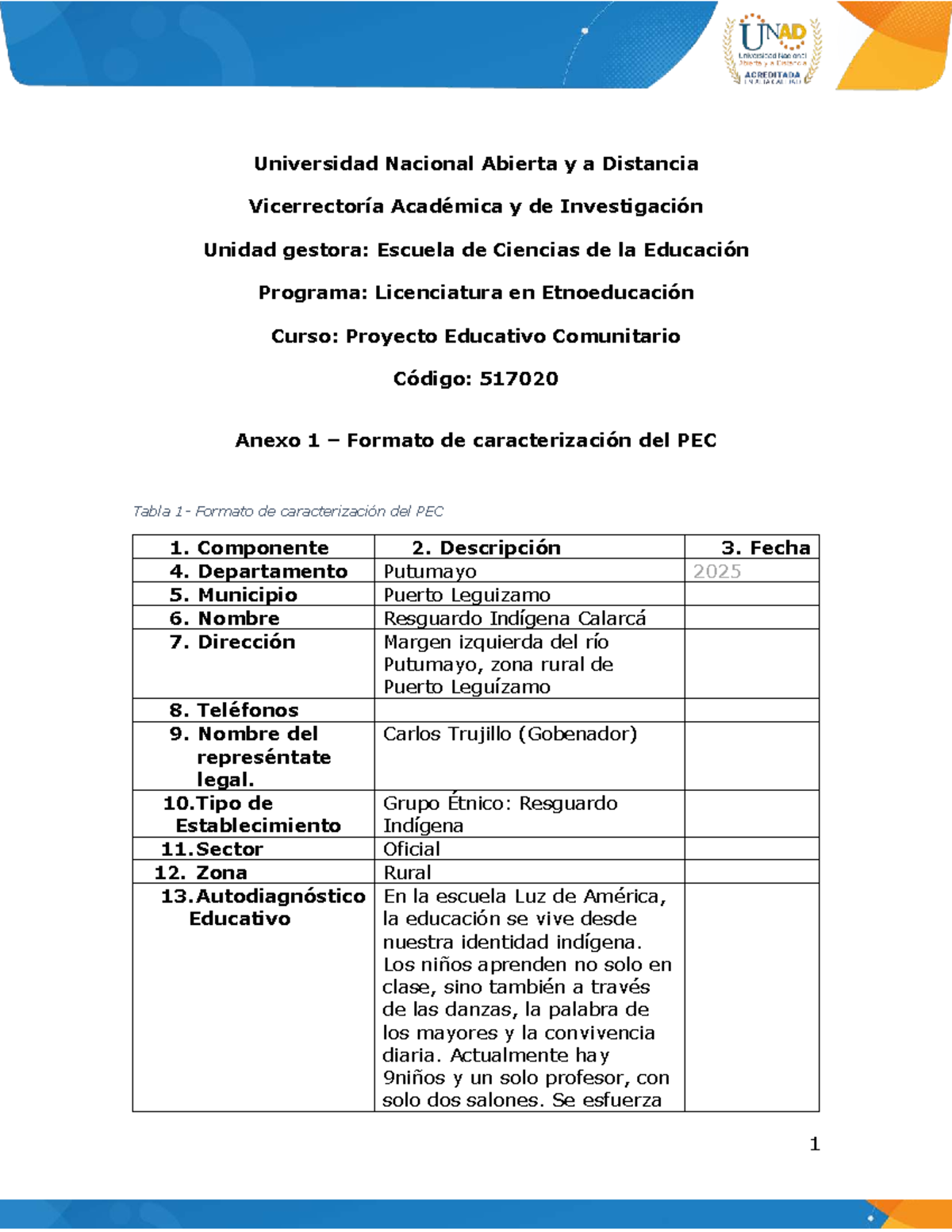 Formato de Caracterización del PEC - Lic. en Etnoeducación 517020 - Studocu