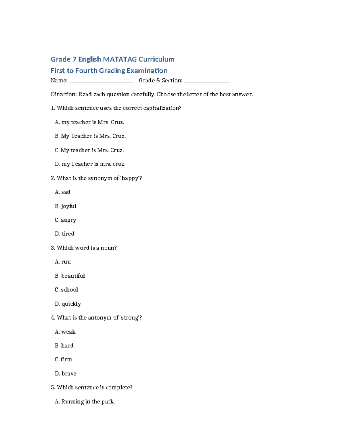 Grade 7 English MATATAG Curriculum 30-Item Test - Studocu