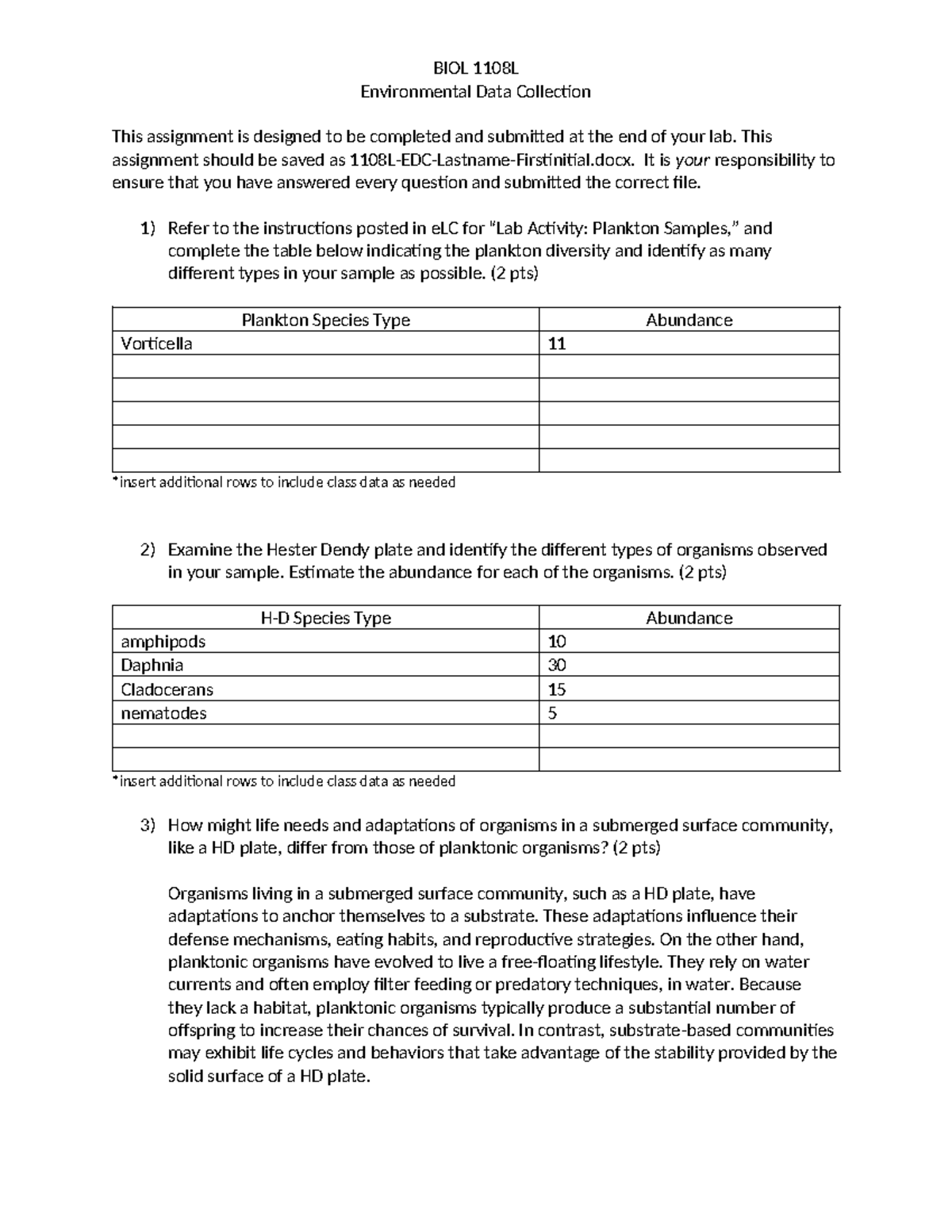 BIOL 1108L EDC . - BIOL 1108L Environmental Data Collection This ...