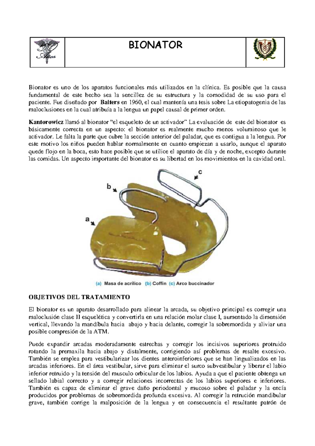 7 - Bionator: Estructura, Función y Tratamiento de Maloclusiones - Studocu