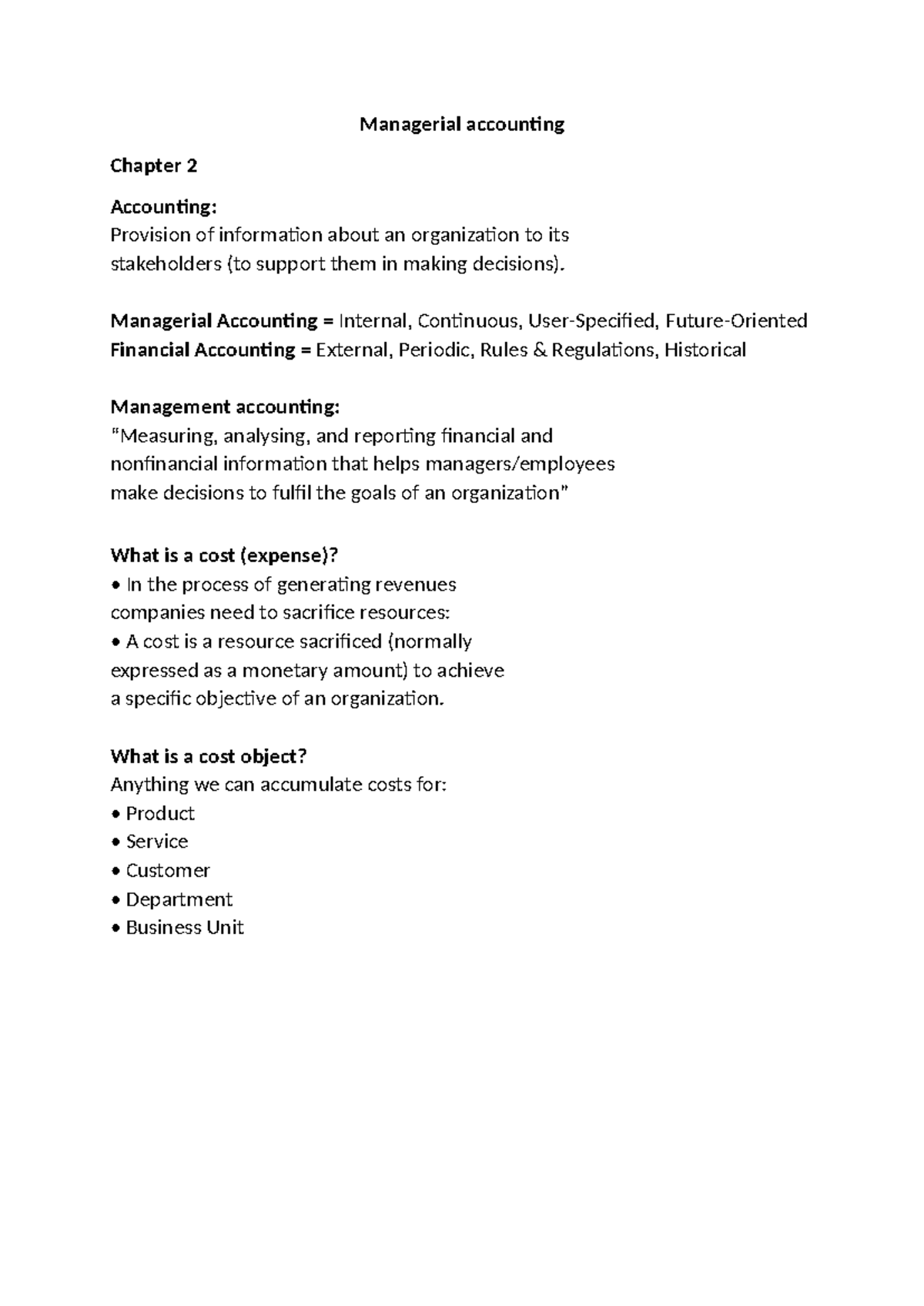 Managerial Accounting Summary: Key Concepts & Cost Analysis - Studocu