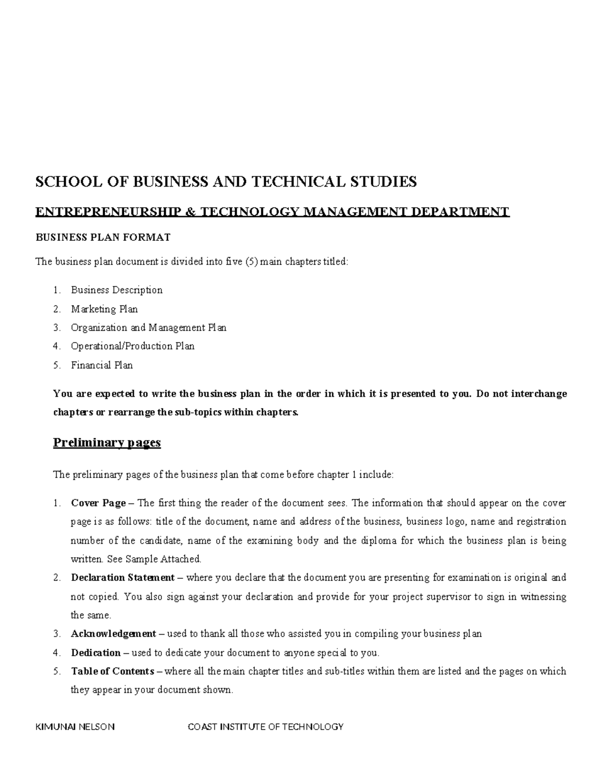 BUSINESS PLAN FORMAT GUIDE FOR BUSINESS STUDENTS (BMT 101) - Studocu