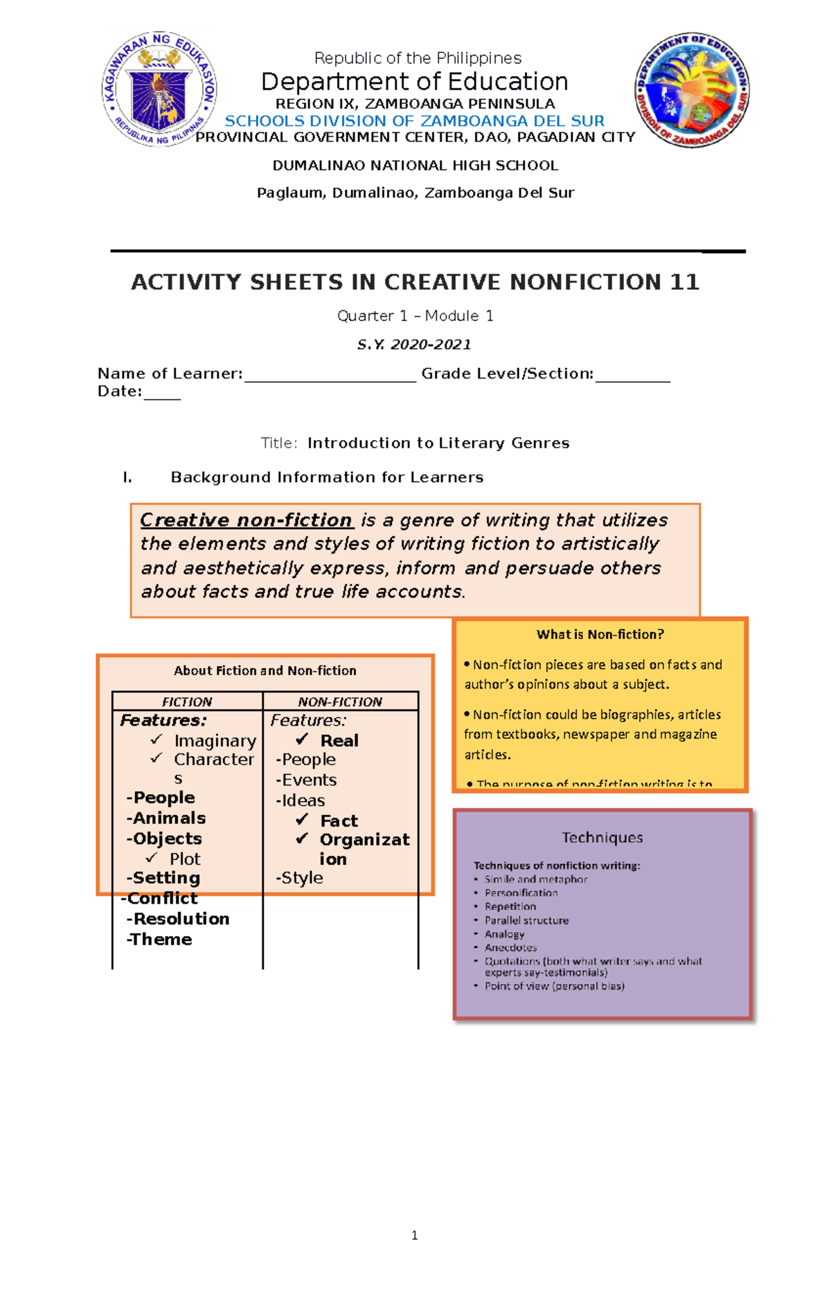 LAS IN Creative Nonfiction 11 Module 1 Quarter 1 - Republic of the ...