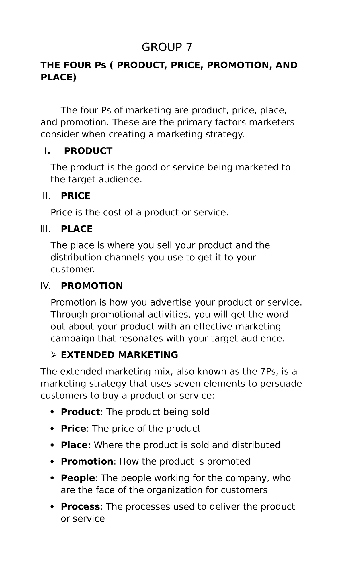 Group 7 - Marketing Strategies: The 4 Ps and Extended Mix - Studocu