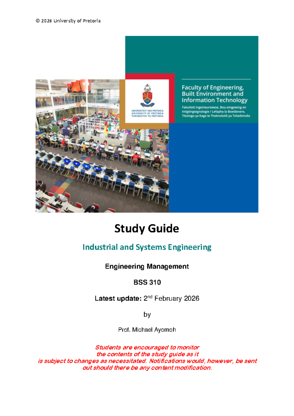 BSS 310 2026 Study Guide: Industrial & Systems Engineering Management ...
