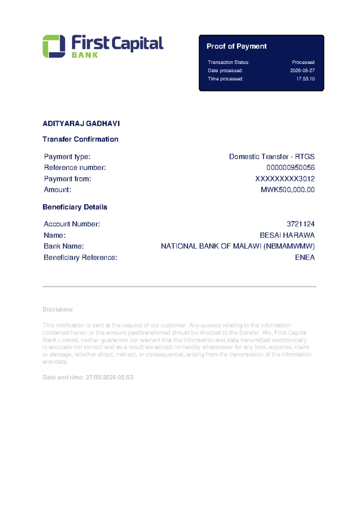 Proof of Payment Confirmation - Domestic Transfer Details - Studocu