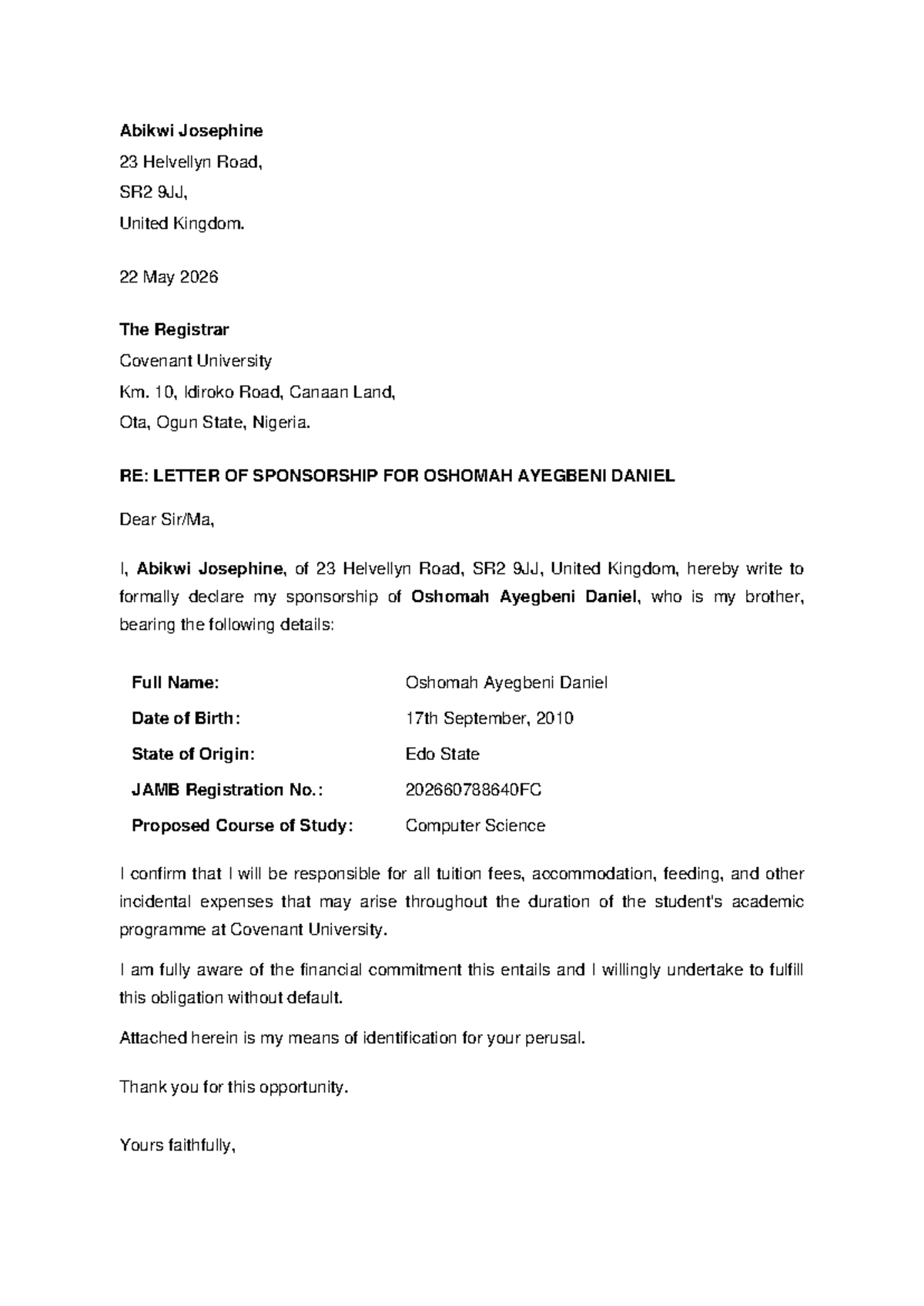 Sponsorship Letter for Oshomah Ayegbeni Daniel - Covenant University ...