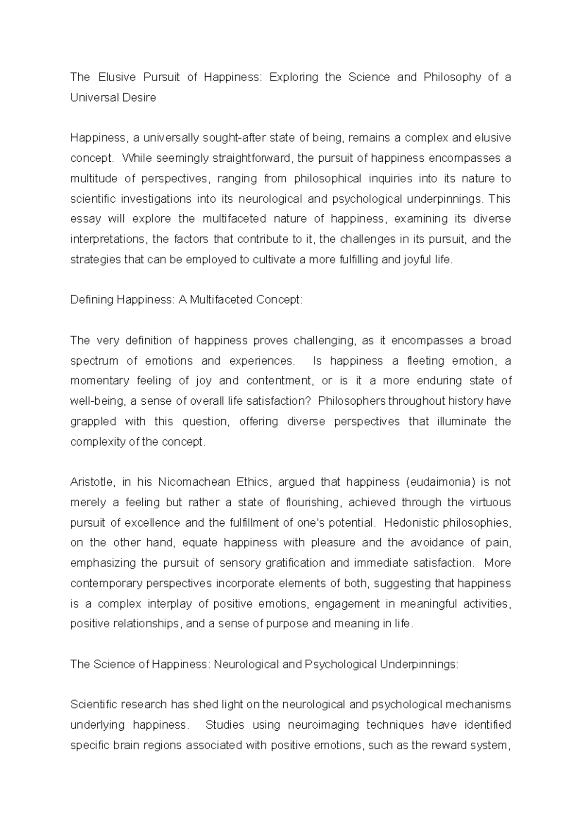 Happiness: Exploring Science & Philosophy - Essay Notes - Studocu