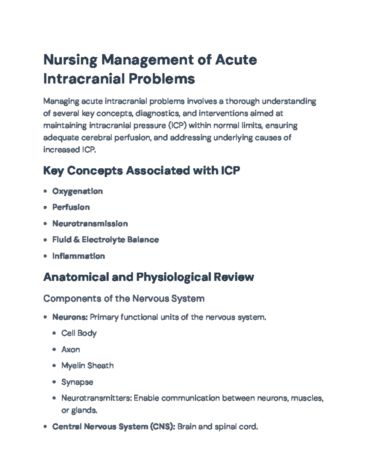 Nursing Management of Acute Intracranial Problems Overview (NURS 101 ...