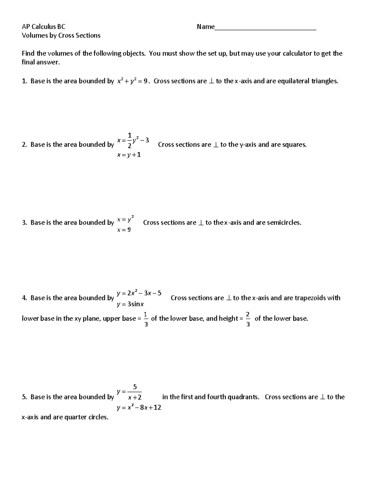 AP Calculus BC: Worksheet on Volumes & Cross Sections - Studocu