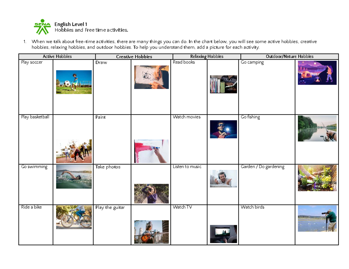 English Level 1: Hobbies & Free Time Activities Overview - Studocu
