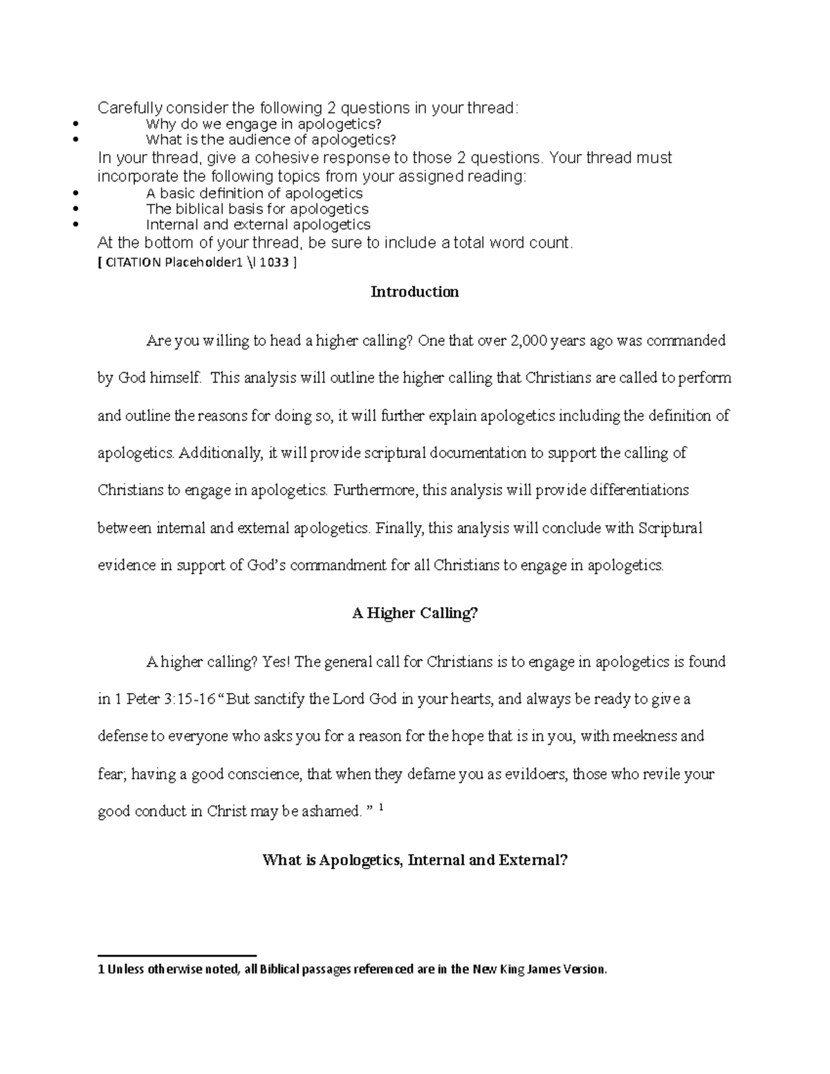 APOL 500 DQ1 - Engaging in the Higher Calling of Apologetics - Studocu