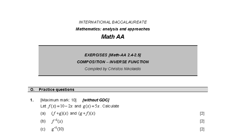 Math AA 2.4-2.5: Exercises on Composition and Inverse Functions - Studocu