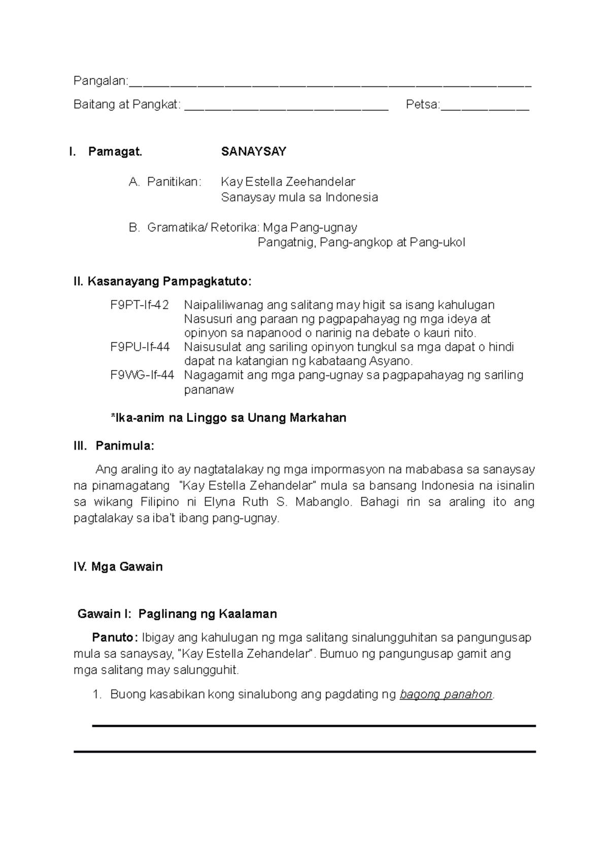 Filipino 9 Learning Activity Sheet: Sanaysay at Pang-ugnay Analysis ...