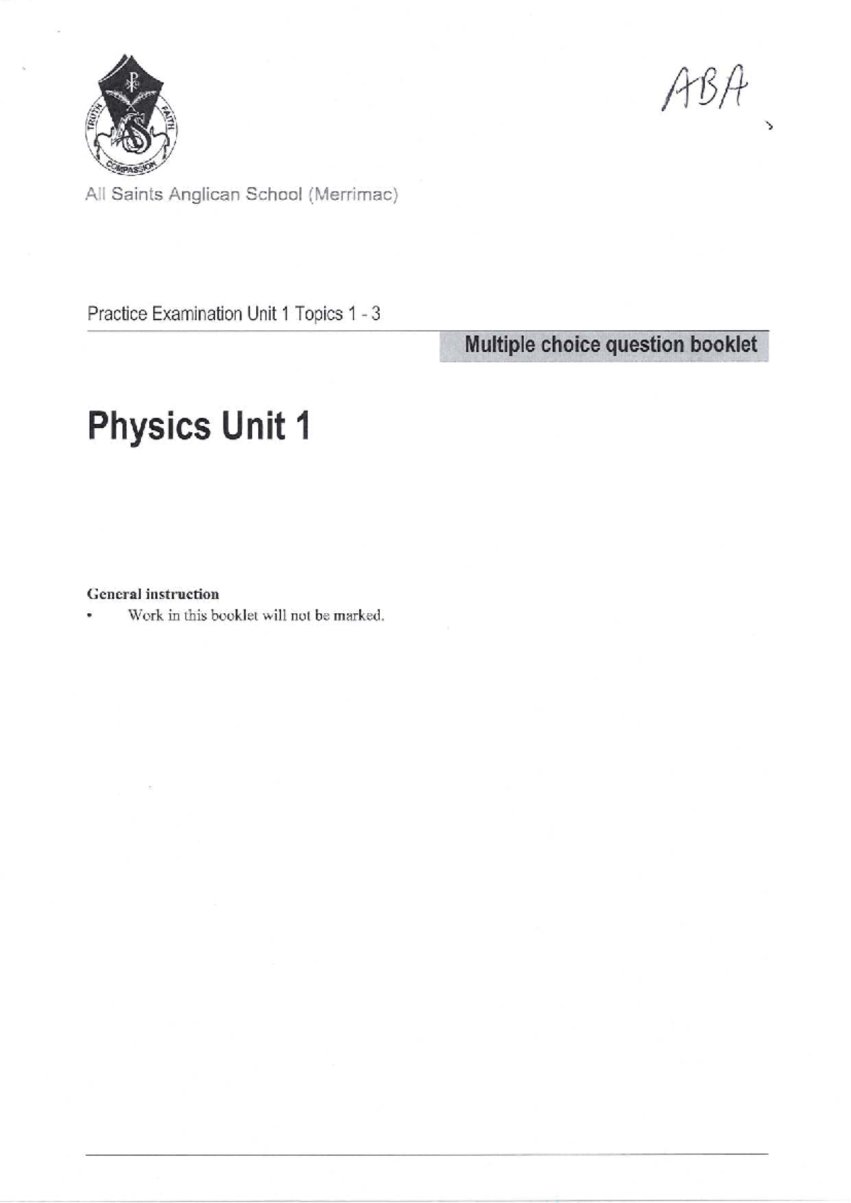 Physics Unit 1 Practice Exam MC Answers and Solutions - Studocu
