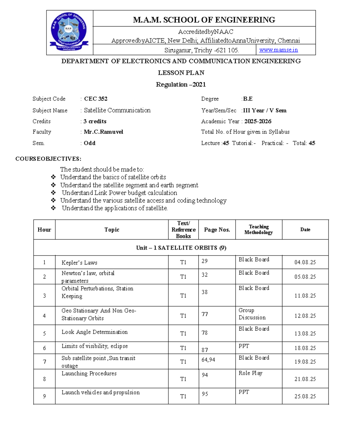 (CEC 352) Satellite Communication - Detailed Lesson Plan - Studocu