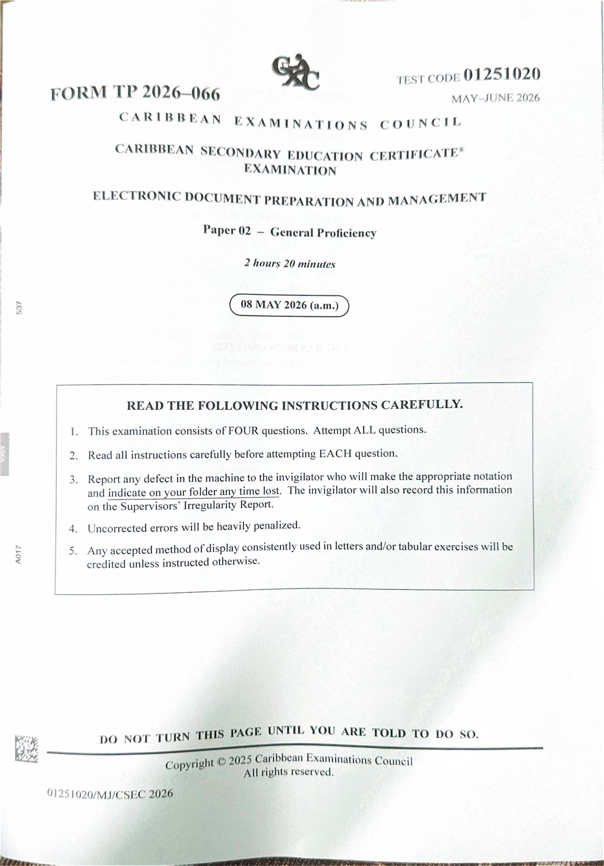 CSEC EDPM P2 2026 - Caribbean Secondary Education Exam Paper 02 - Studocu