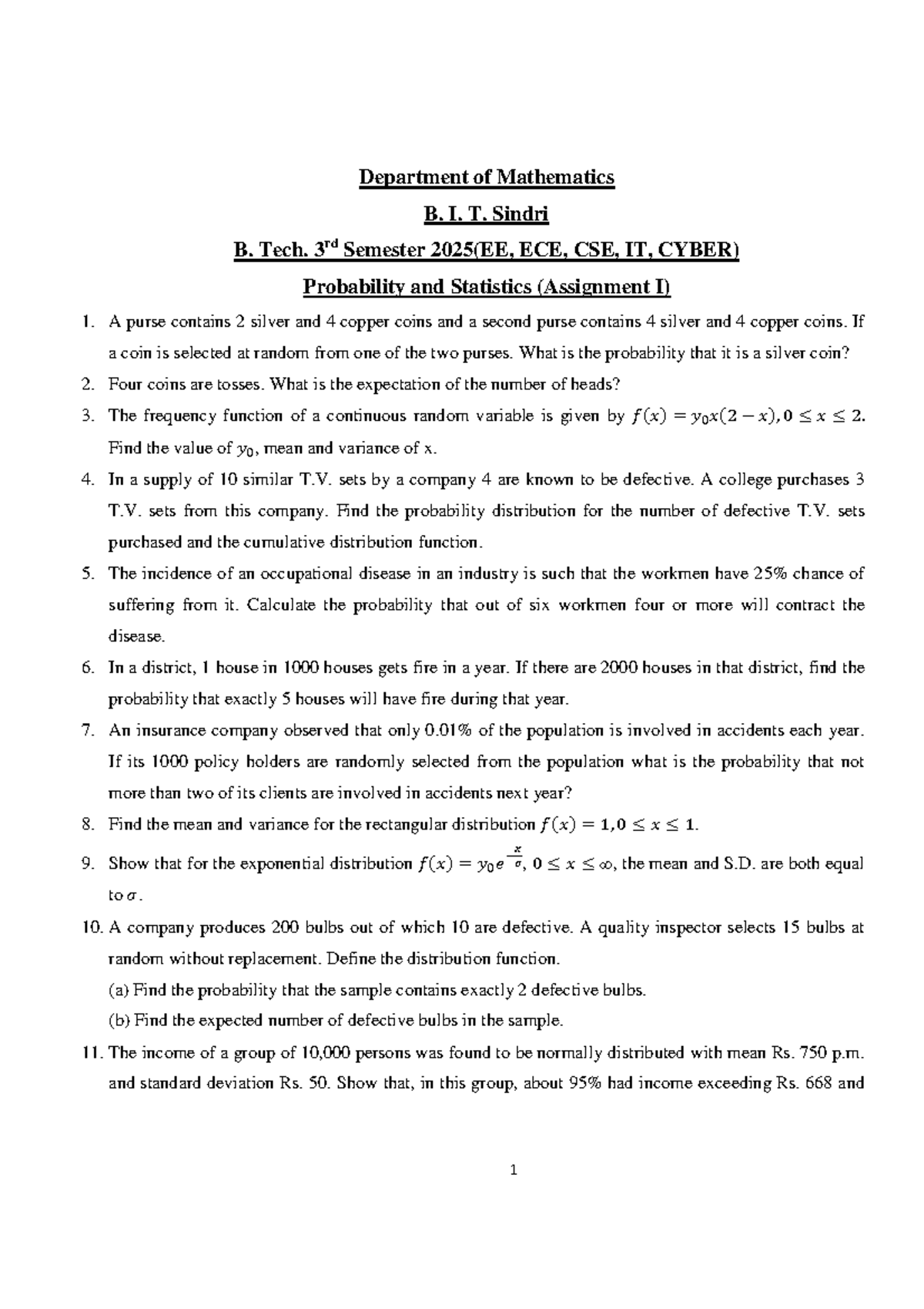 Probability and Statistics Assignment I - B. Tech 3rd Sem (2025) - Studocu
