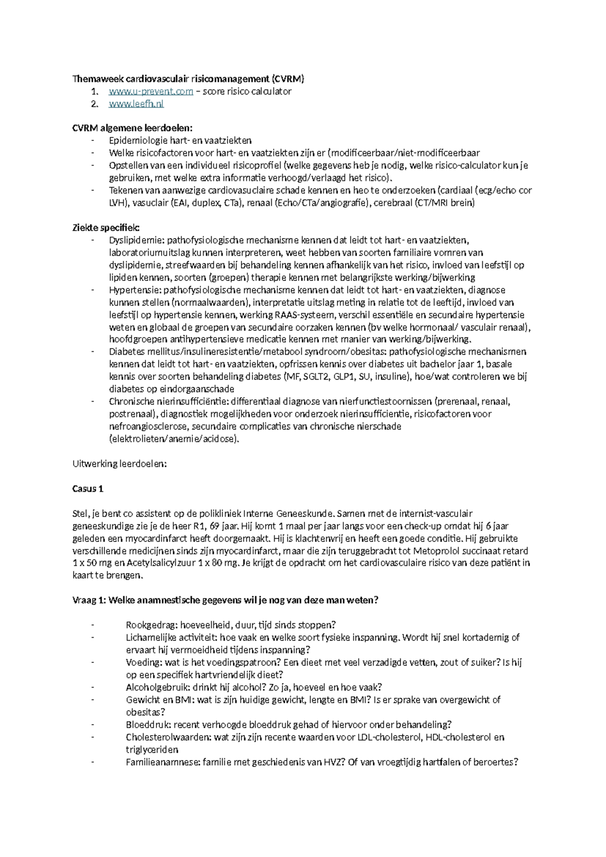 Themaweek Cardiovasculair Risicomanagement (CVRM): Leerdoelen en Casusuitwerking - Studeersnel