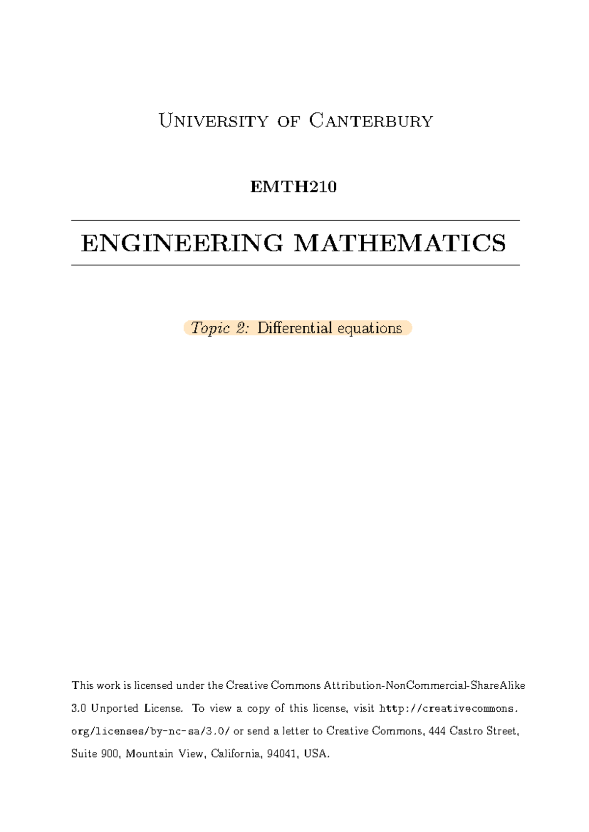 EMTH210 Engineering Mathematics: Topic 2 - Differential Equations - Studocu