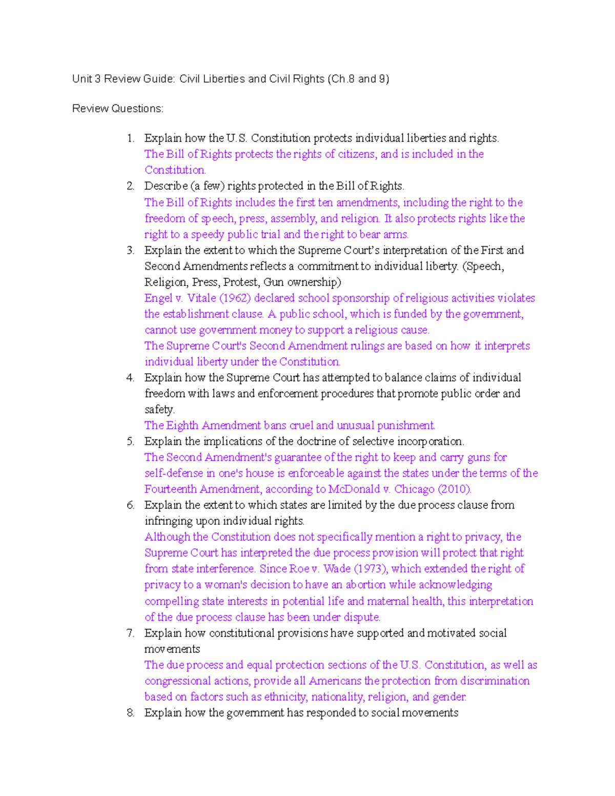 Unit 3 Review Guide: Civil Liberties & Rights (Ch. 8-9 Summary) - Studocu