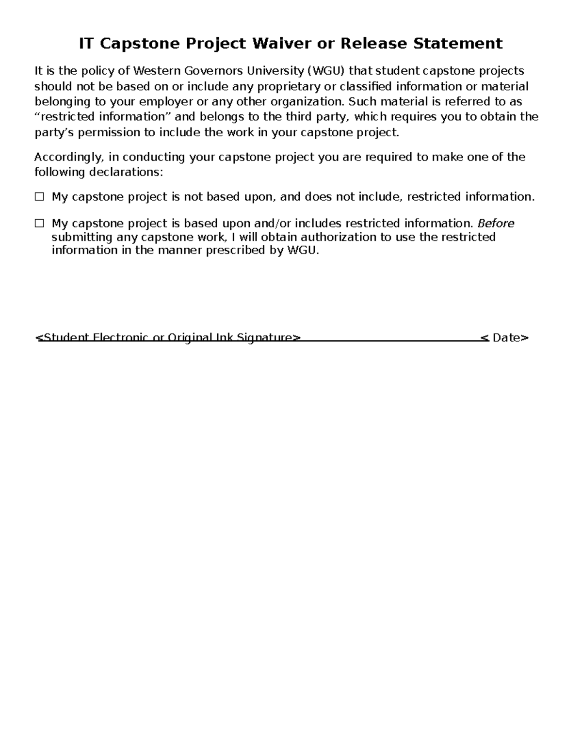 IT Capstone Project Waiver & Authorization for Restricted Info - Studocu