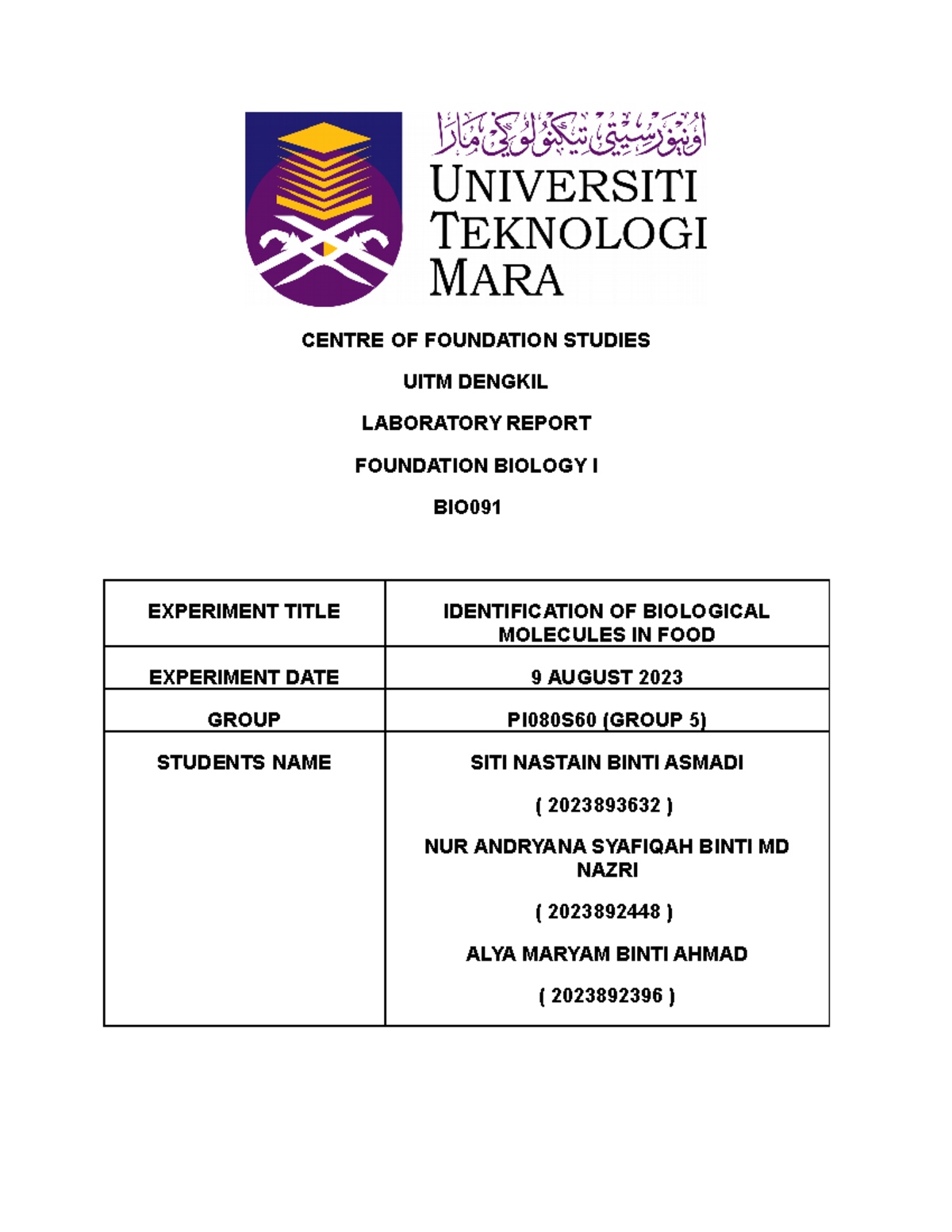 BIO 101 Lab Experiment 1: Identifying Biological Molecules in Food ...