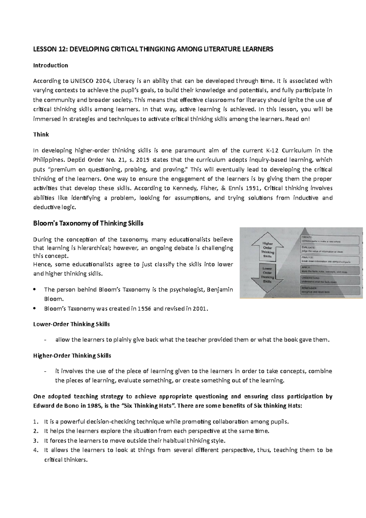 Lesson 12 - Enhancing Critical Thinking in Literature Education - Studocu