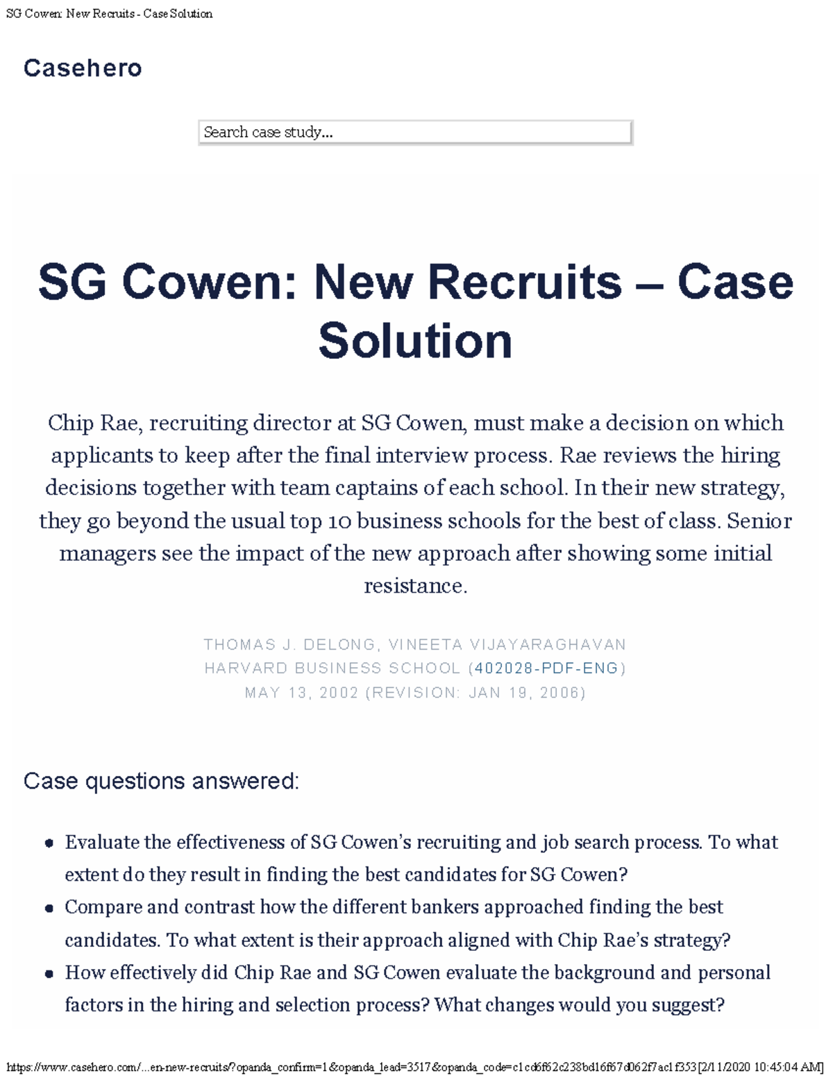 SG Cowen (402-028) Case Study: Evaluating Recruitment Strategies and ...
