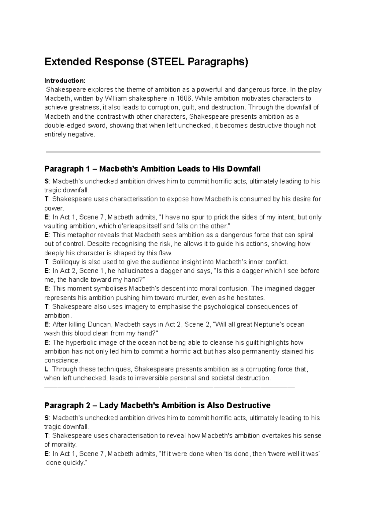 Extended Response (STEEL Paragraphs) on Ambition in Macbeth - Studocu