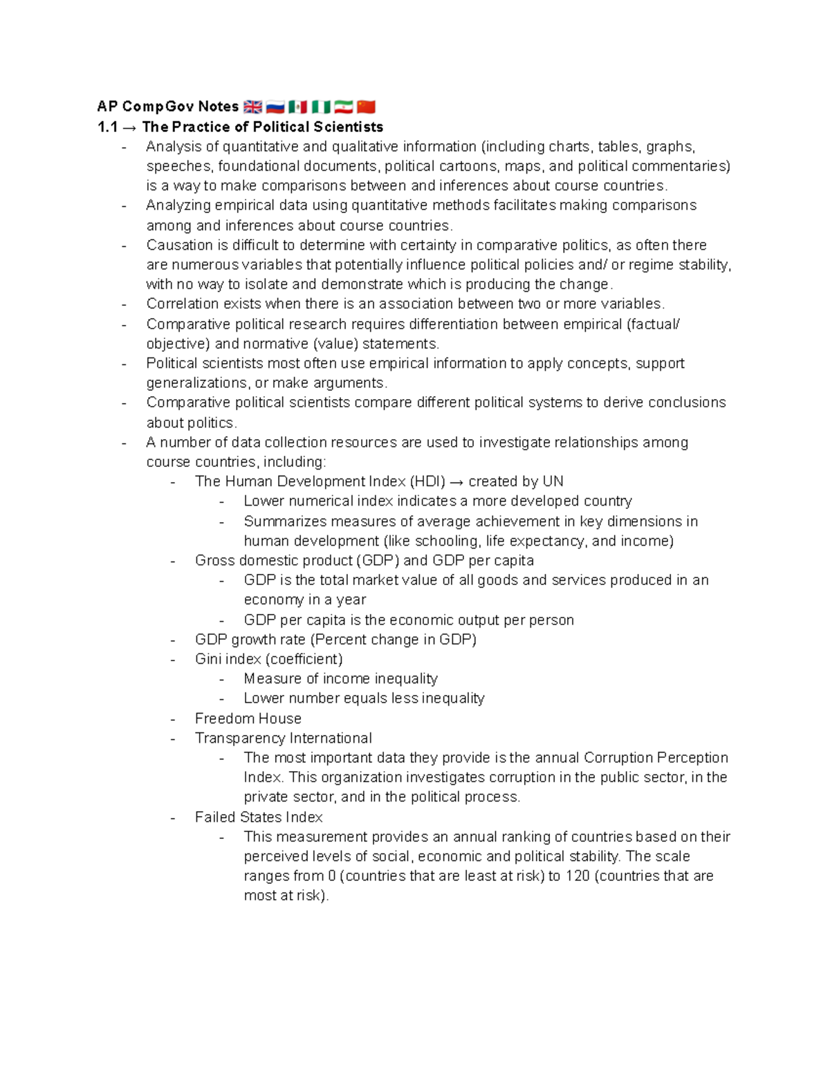AP Comp Gov 1.1 Lecture Notes: Analyzing Political Research Methods ...