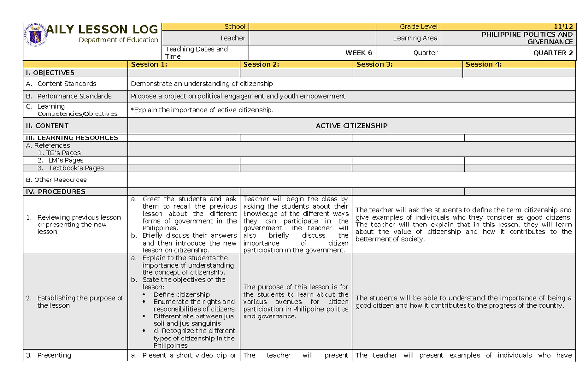 PPG 2nd Quarter Week 7 Lesson Log: Active Citizenship in Politics - Studocu