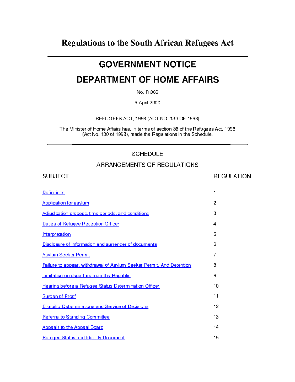 Refugee Act 1998 SA - Acts - Regulations to the South African Refugees ...