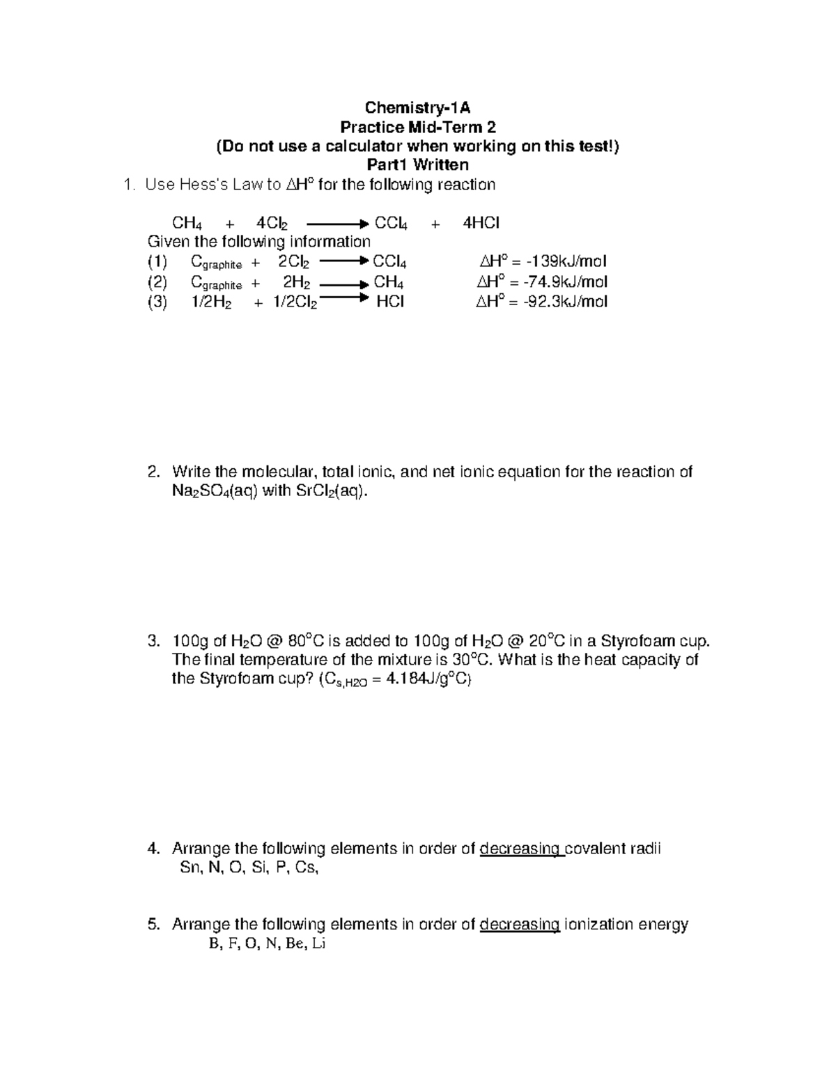 Chemistry-1A Practice Midterm Exam 2 Review Guide - Studocu