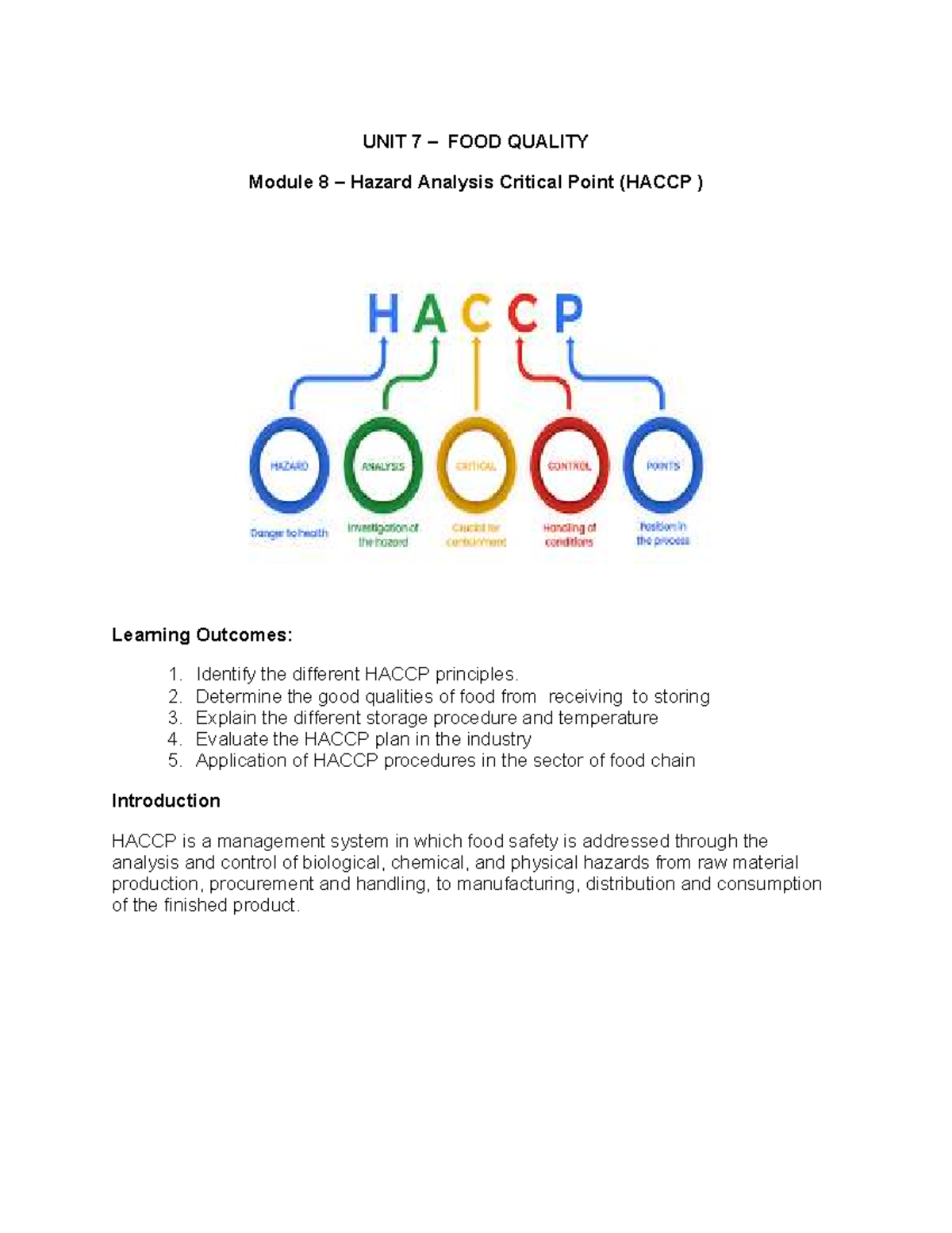 HACCP Principles and Food Quality Management (Unit 7, Module 8) - Studocu