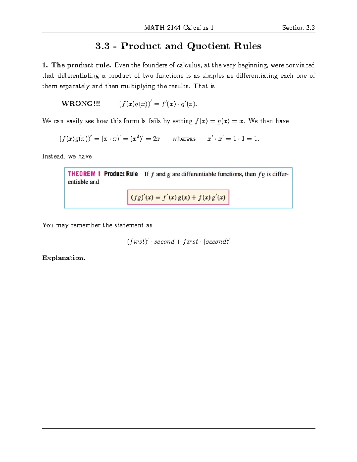 MATH 2144 Calculus I Section 3.3: Product & Quotient Rules Notes - Studocu