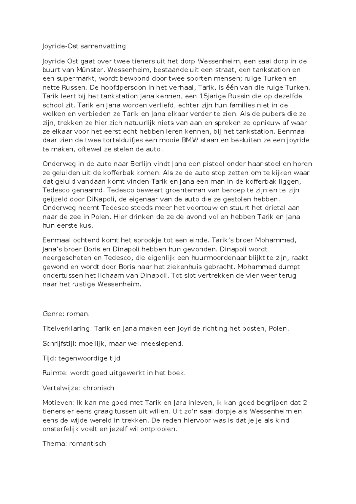 Boekverslag: Joyride Ost (Nesch) - Samenvatting en Analyse - Studeersnel
