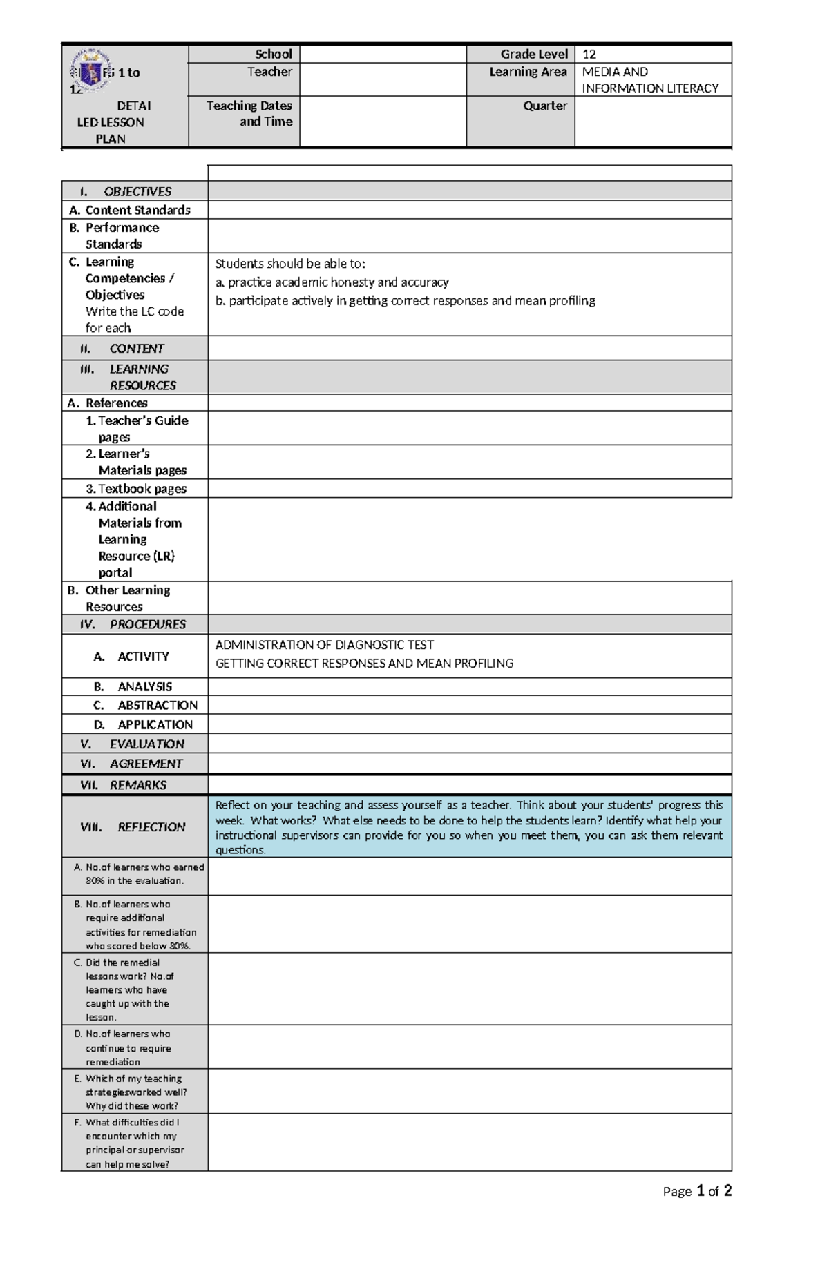 Week 1 MIL Diagnostic Test - Grades 1 to 12 Lesson Plan - Studocu
