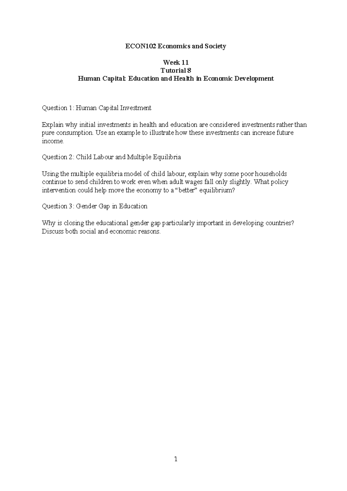 ECON102 Week 11 Tutorial 8: Human Capital & Economic Development - Studocu