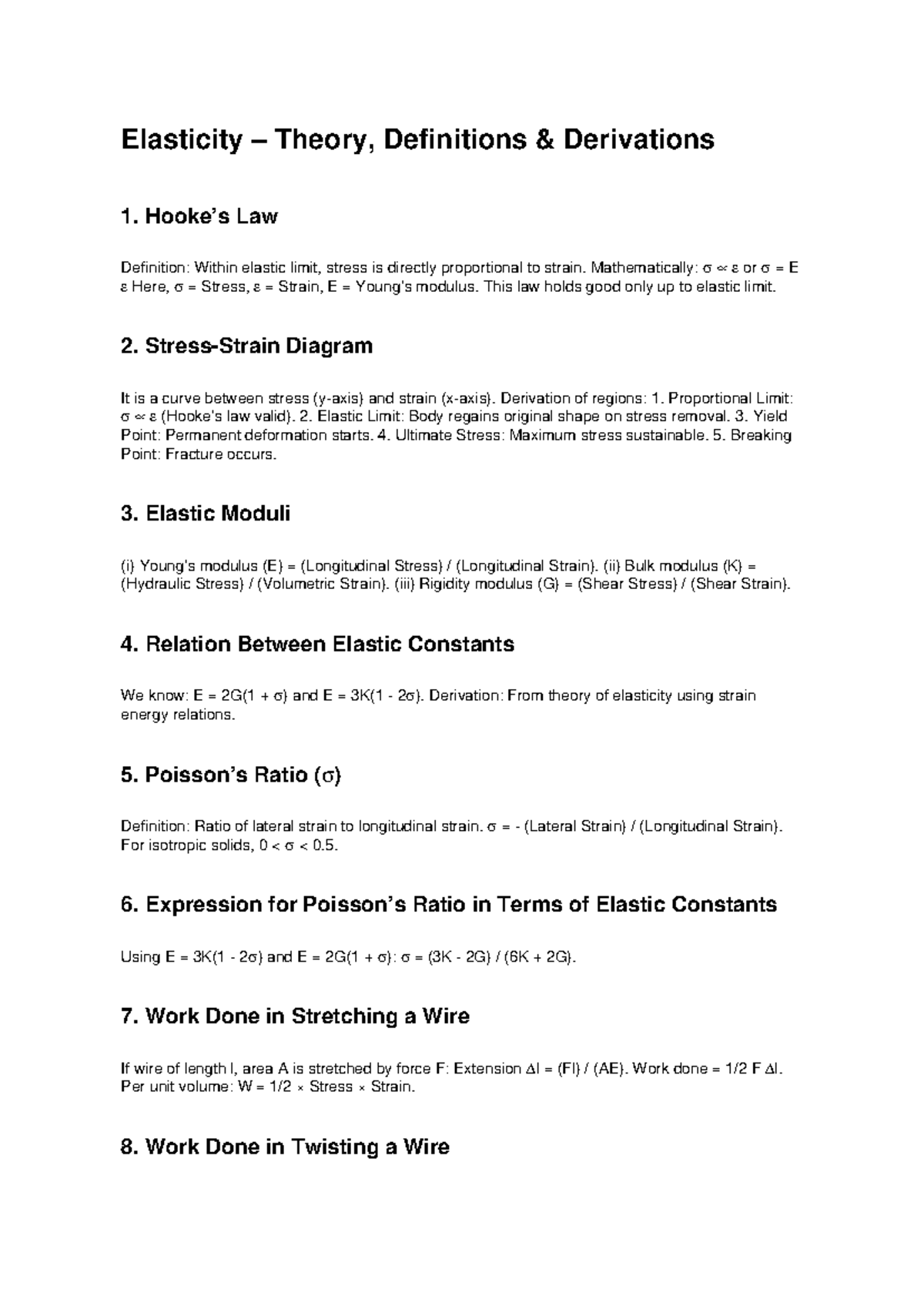 Elasticity Theory: Key Definitions and Derivations - Studocu