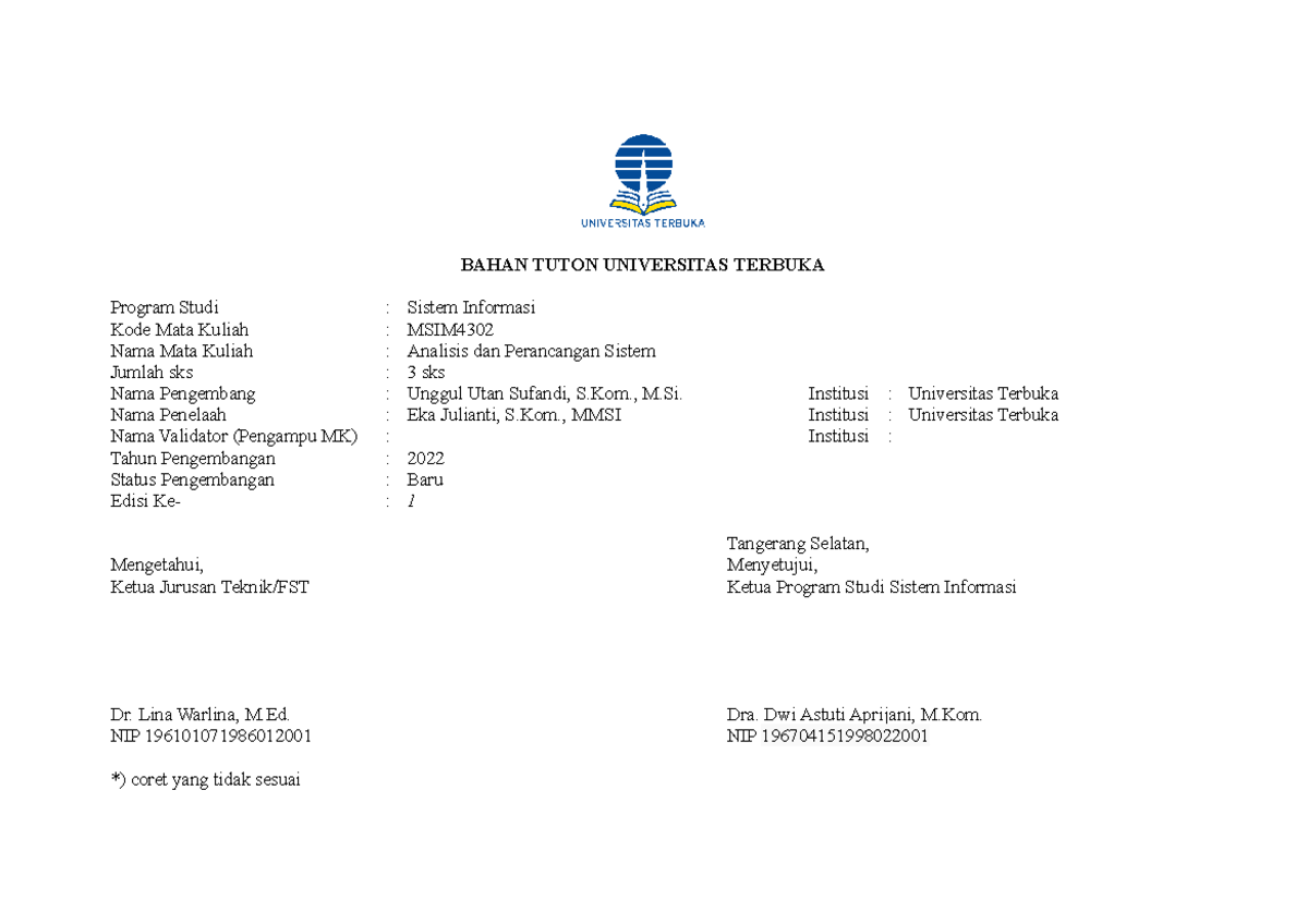 USA MSIM4302 - Bahan Tuton Analisis & Perancangan Sistem 20231 - Studocu