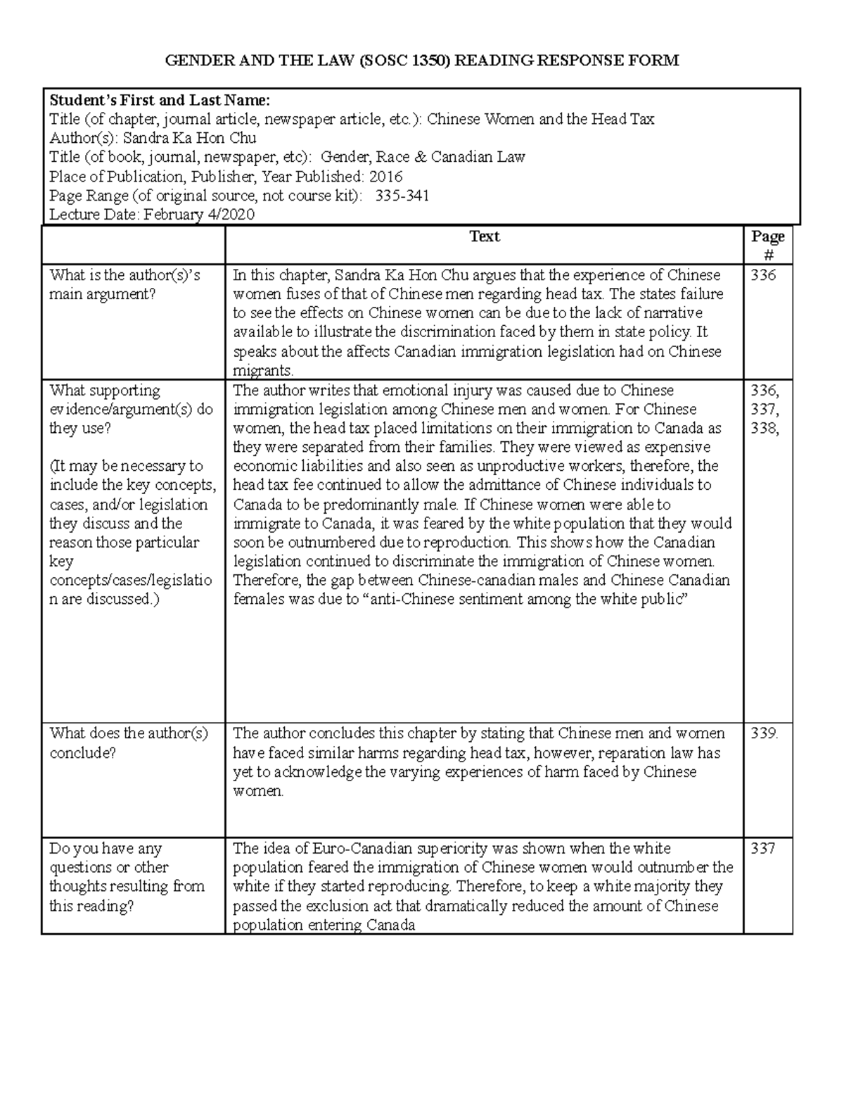 SOSC 1350 Reading Response: Chinese Women and the Head Tax Analysis ...
