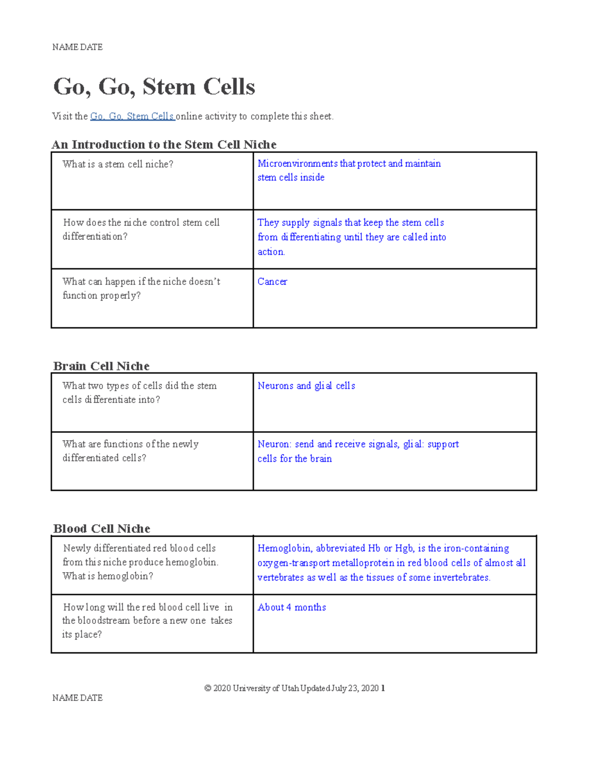 Filled answers Go-Go-Stem-Cells worksheet pdf - NAME DATE Go, Go, Stem ...