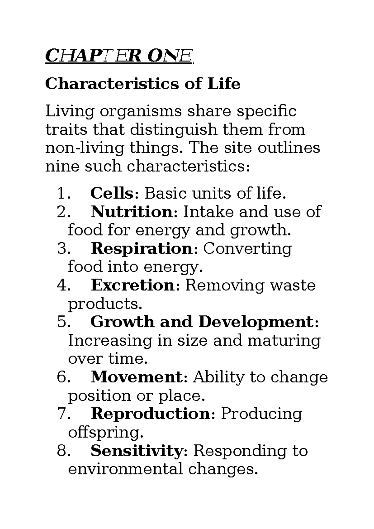 Biology notes - MYP 4 - only few topics - CHAPTER ONE Characteristics ...